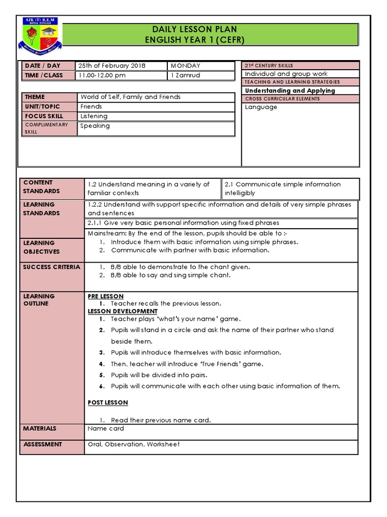 Daily Lesson Plan English Year 1 (Cefr) : 21 Century Skills Teaching ...