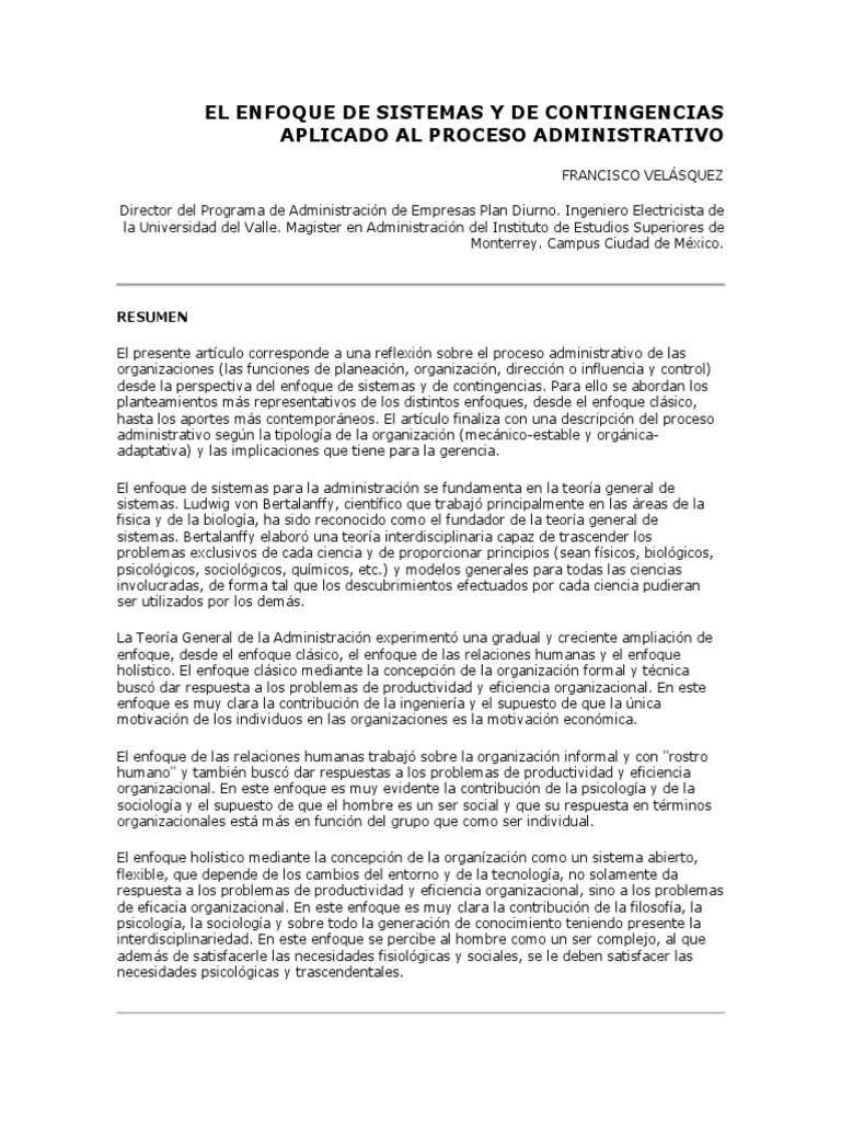 El Enfoque de Sistemas y de Contingencias Aplicado Al Proceso ...