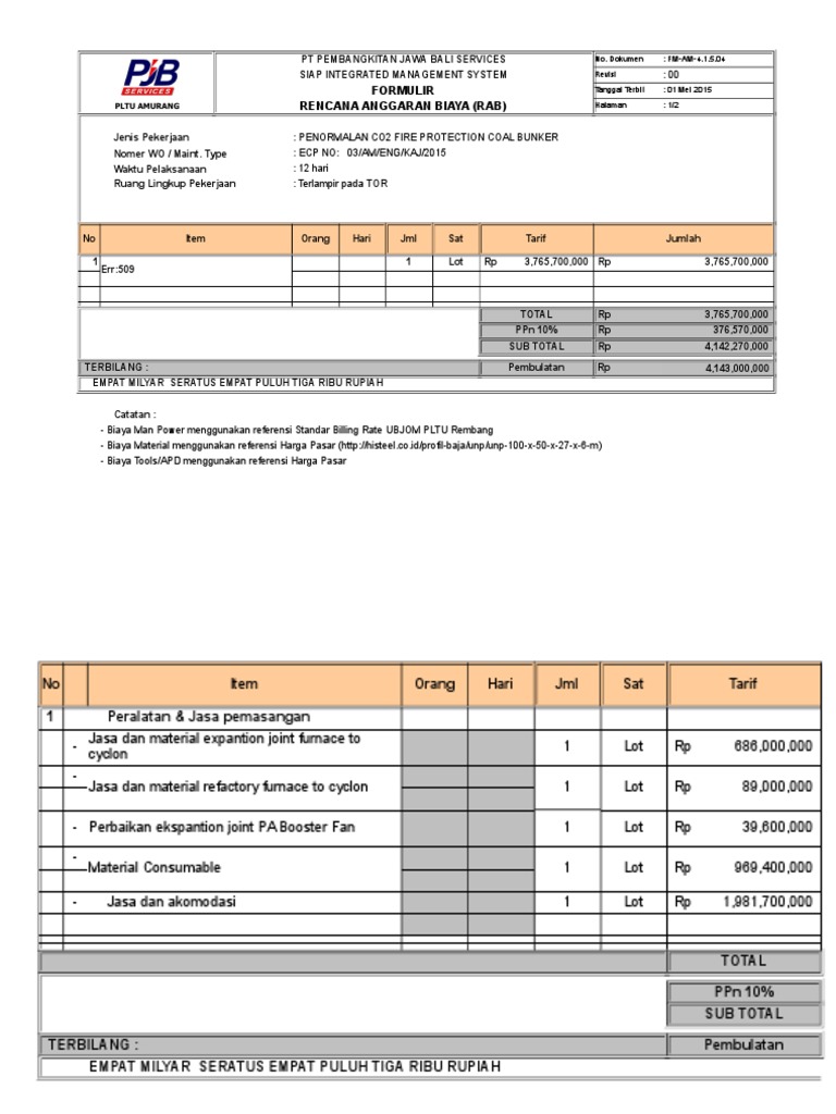 Formulir Rencana Anggaran Biaya (Rab) : Pltu Amurang | PDF