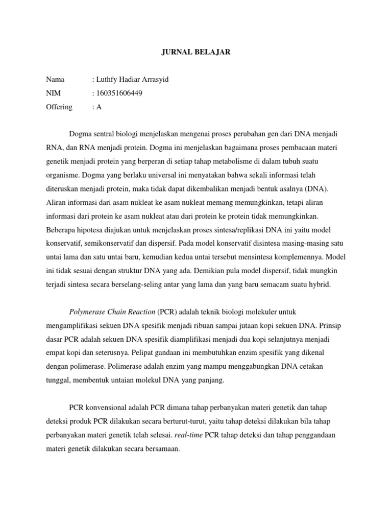 Jurnal Belajar Central Dogma, Replikasi Dna, Dan PCR | PDF