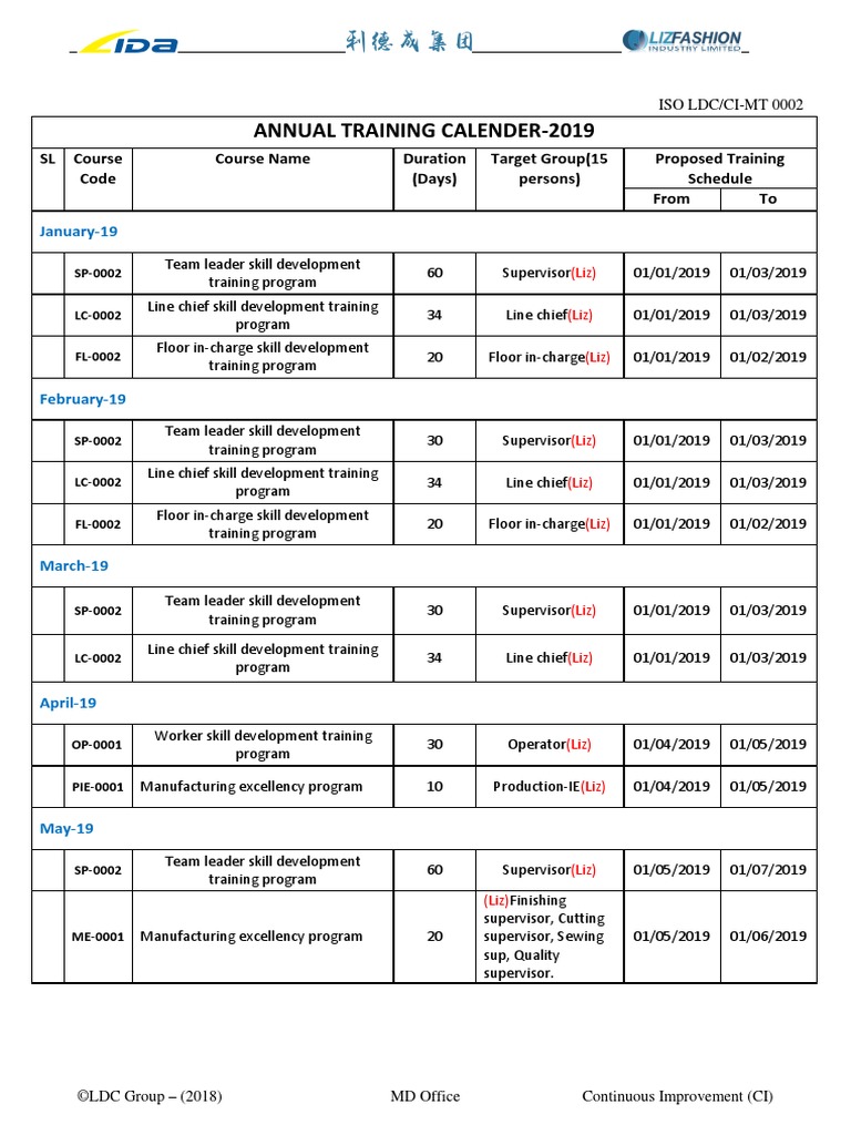 2019 Training Calendar for Skill Development | PDF | Business
