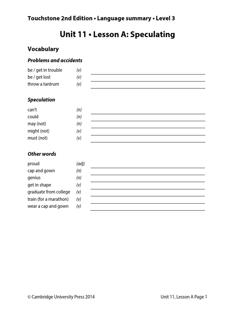 Unit 11 - Lesson A: Speculating: Touchstone 2nd Edition - Language Summary - Level 3 | PDF