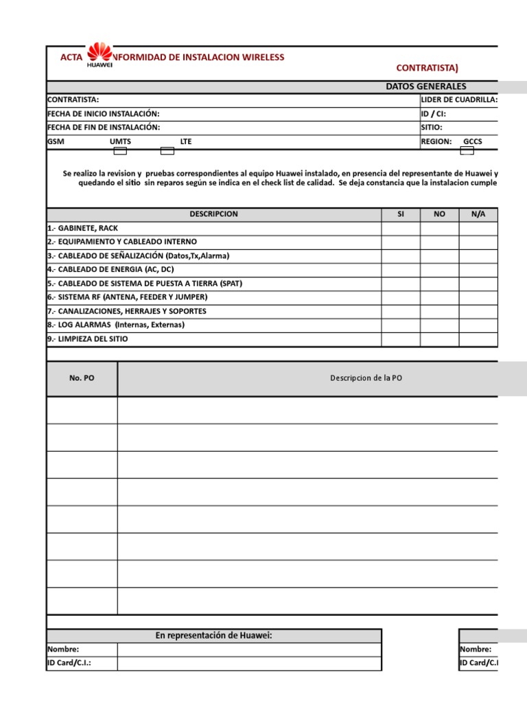Checklist Huawei - Cooperator Wireless | PDF | Tornillo | Fibra óptica