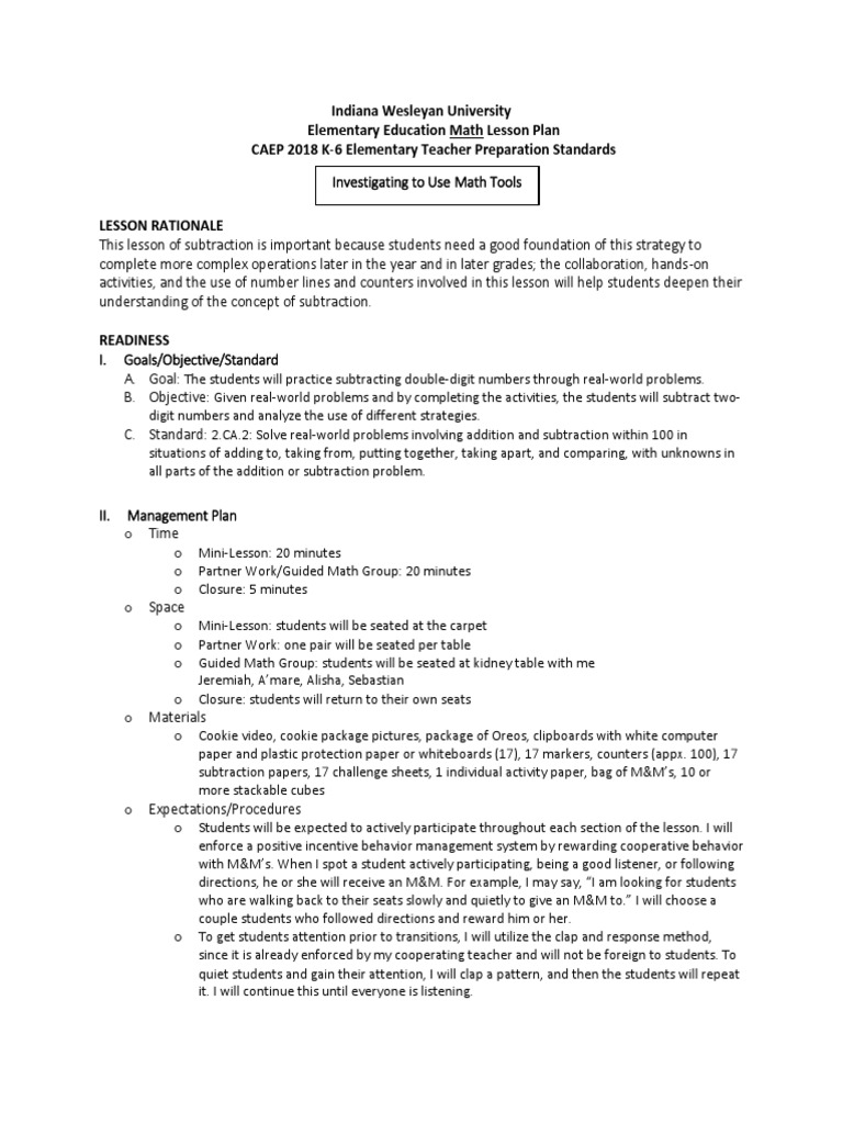 Indiana Wesleyan University Elementary Education Math Lesson Plan CAEP ...
