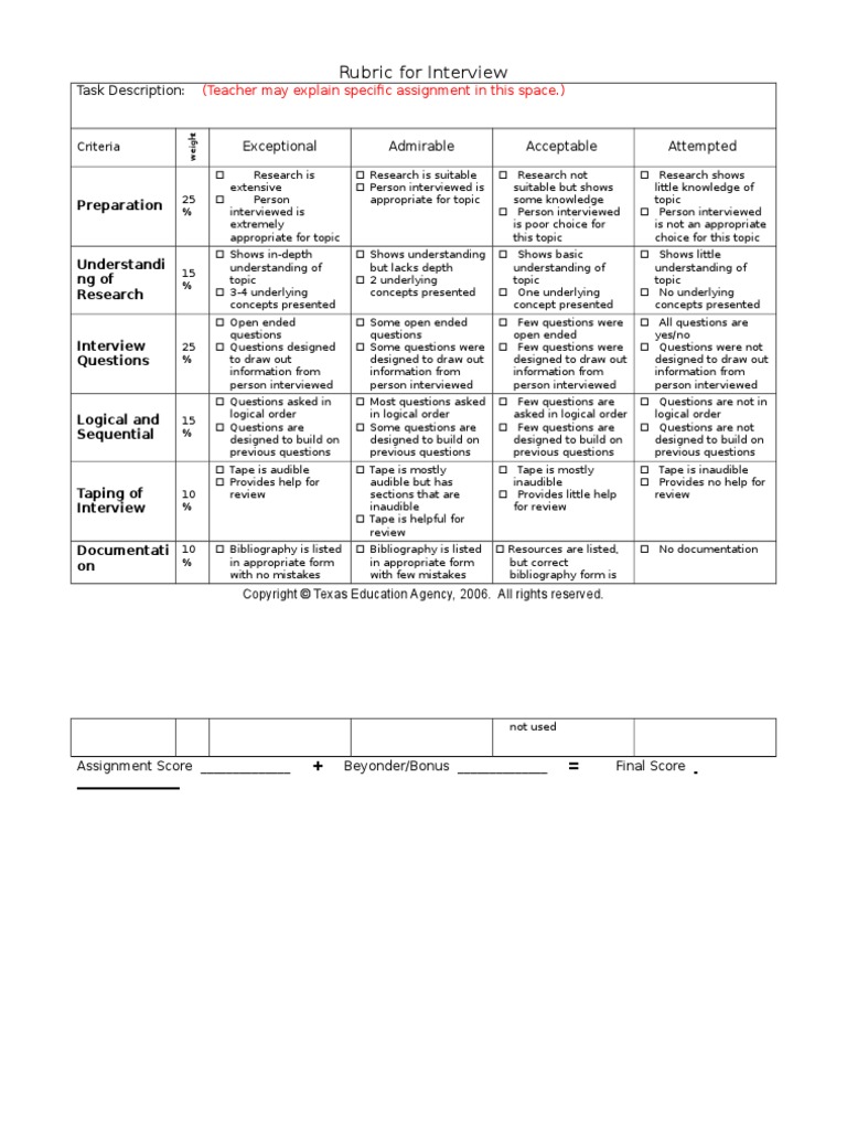 Rubric For Interview: (Teacher May Explain Specific Assignment in This ...