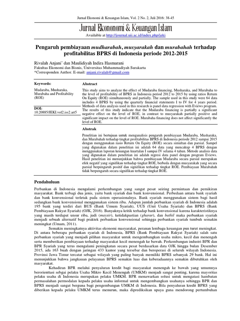 Pengaruh Pembiayaan Mudharabah, Musyarakah, Dan Murabahah Terhadap Profitabilitas BPRS Di ...