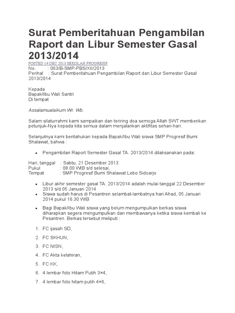 Surat Pemberitahuan Pengambilan Raport Dan Libur Semester Gasal 2013 | PDF