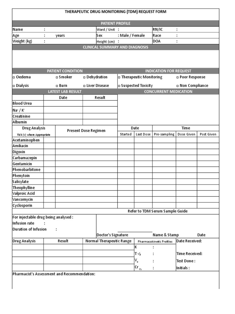 TDM Request Form | PDF | Dose (Biochemistry) | Chemistry