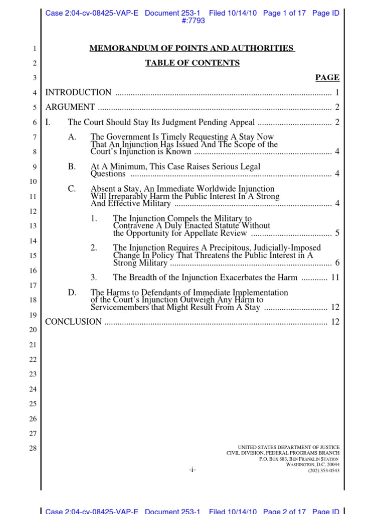 DOJ Request For Stay of DADT Injunction | PDF | Don't Ask | Judgment (Law)