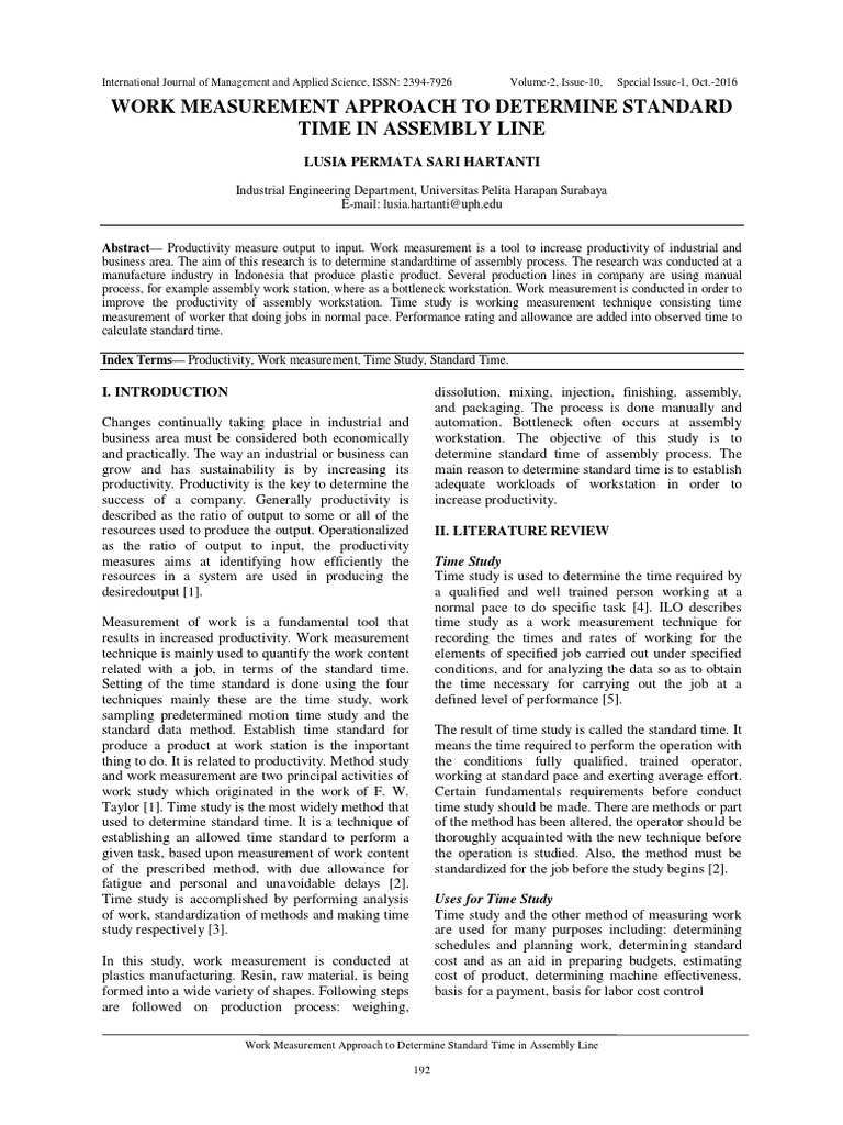 Work Measurement Approach To Determine Standard Time in Assembly Line ...