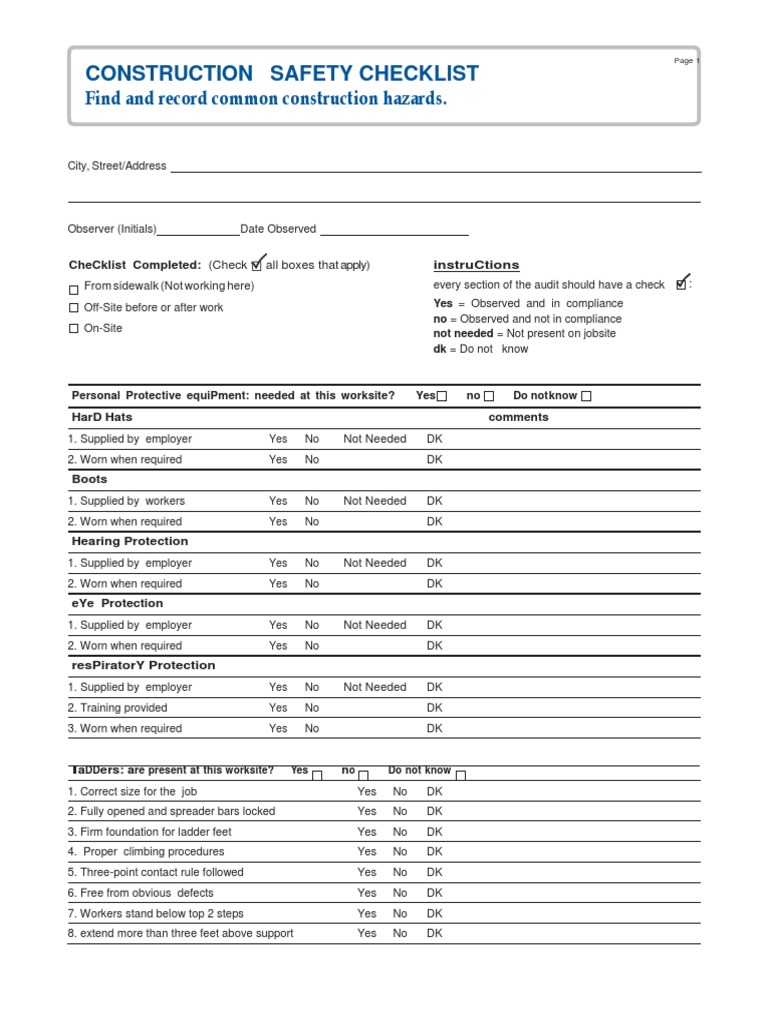 Construction Safety Checklist: Find and Record Common Construction ...