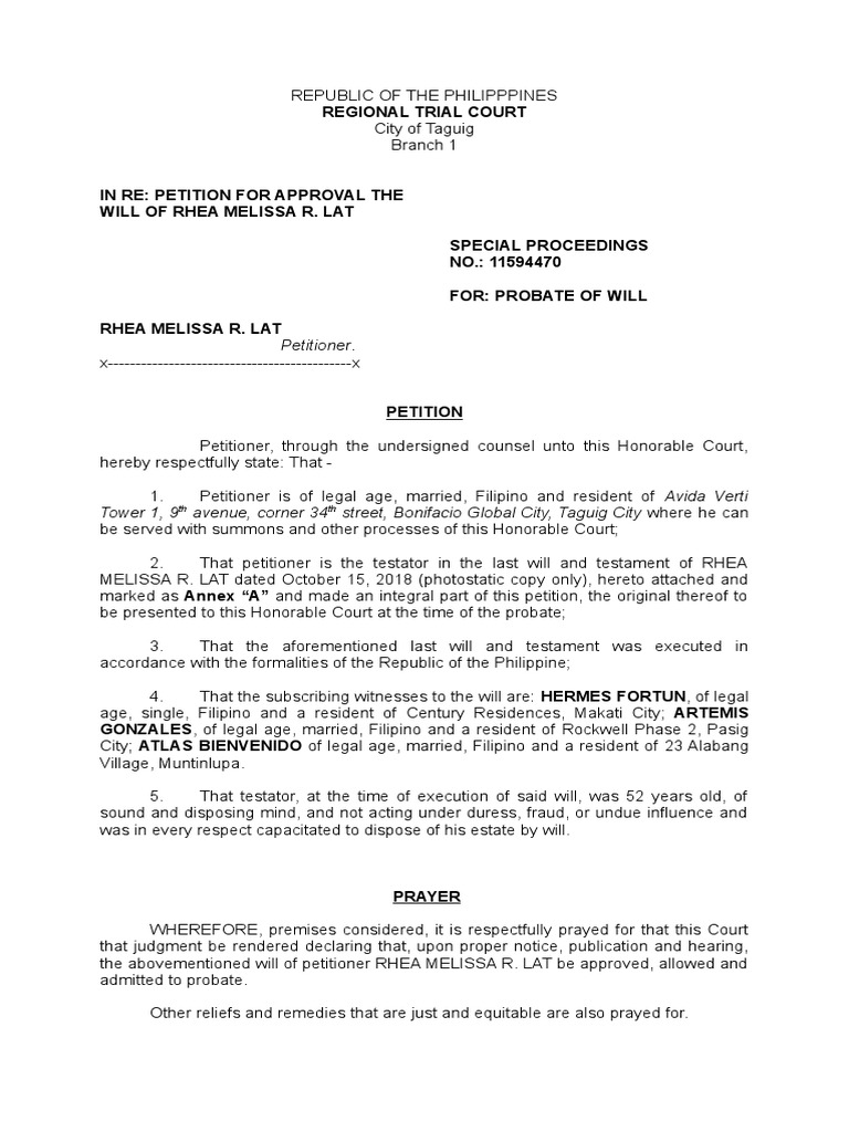 Petition For Probate | PDF | Will And Testament | Probate