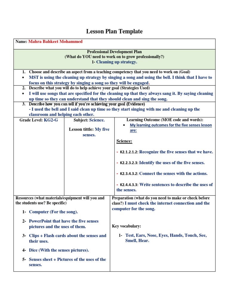 My Five Senses Lesson Plan | PDF | Senses | Lesson Plan