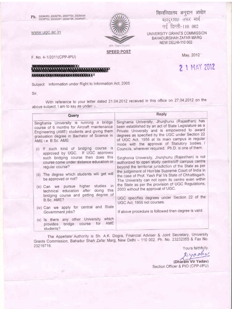 Singhania University UGC Approval Details | PDF | Government Of India ...