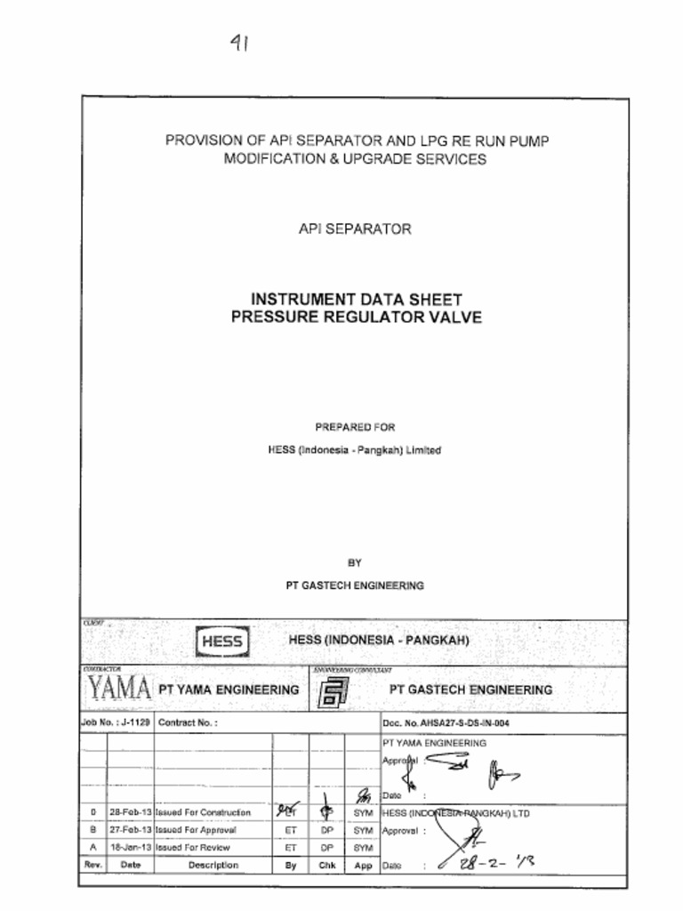 AHSA27-S-DS-IN-004 0 Instrument Data Sheet Pressure Regulator Valve | PDF
