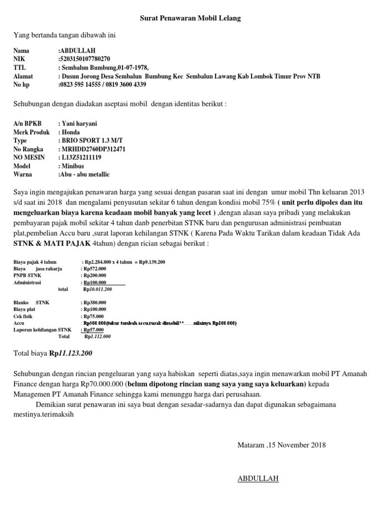 Surat Penawaran Mobil Lelang | PDF