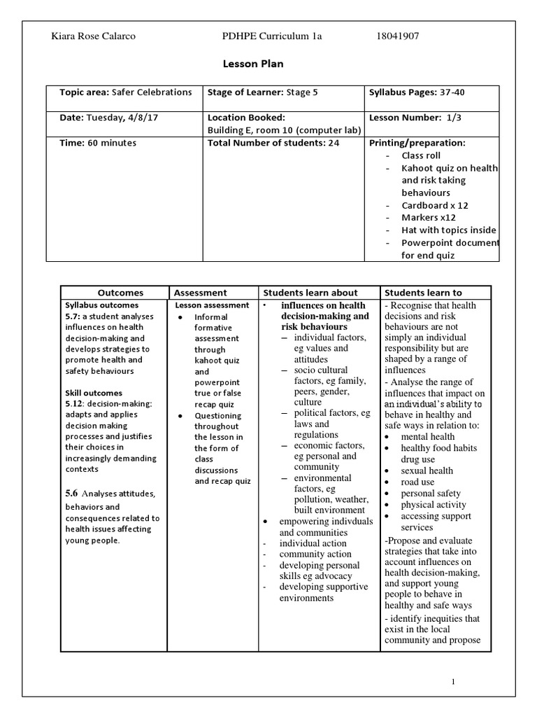 Lesson Plan: Influences On Health Decision-Making and Risk Behaviours ...