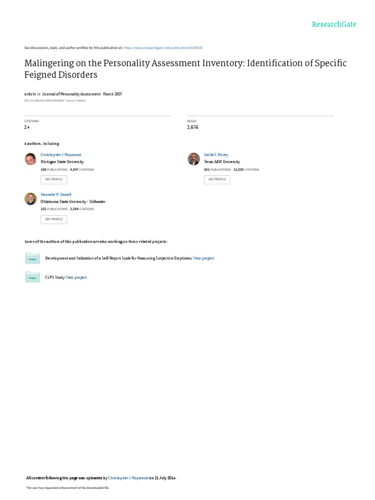 Malingering On The Personality Assessment Inventory: Identification of ...