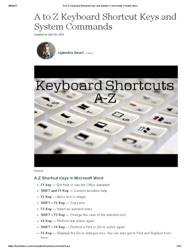A To Z Keyboard Shortcut Keys and System Commands - TurboFuture | PDF ...