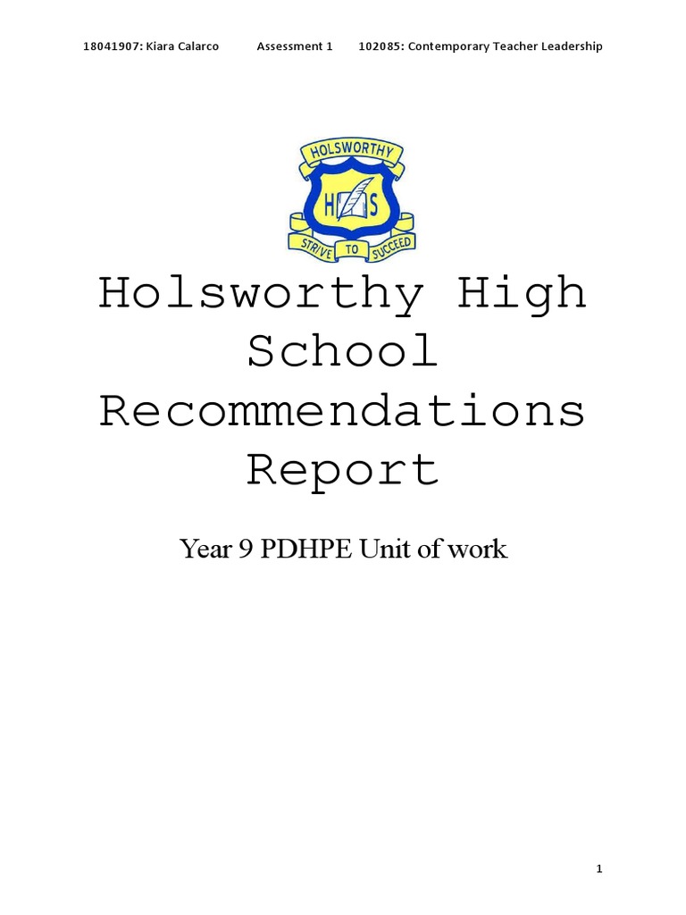 Holsworthy High School Recommendations: Year 9 PDHPE Unit of Work | PDF ...