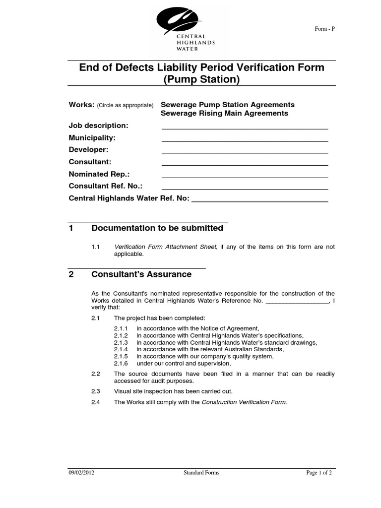 Form P - End of Defects Liability Period Verification Pump Stations ...