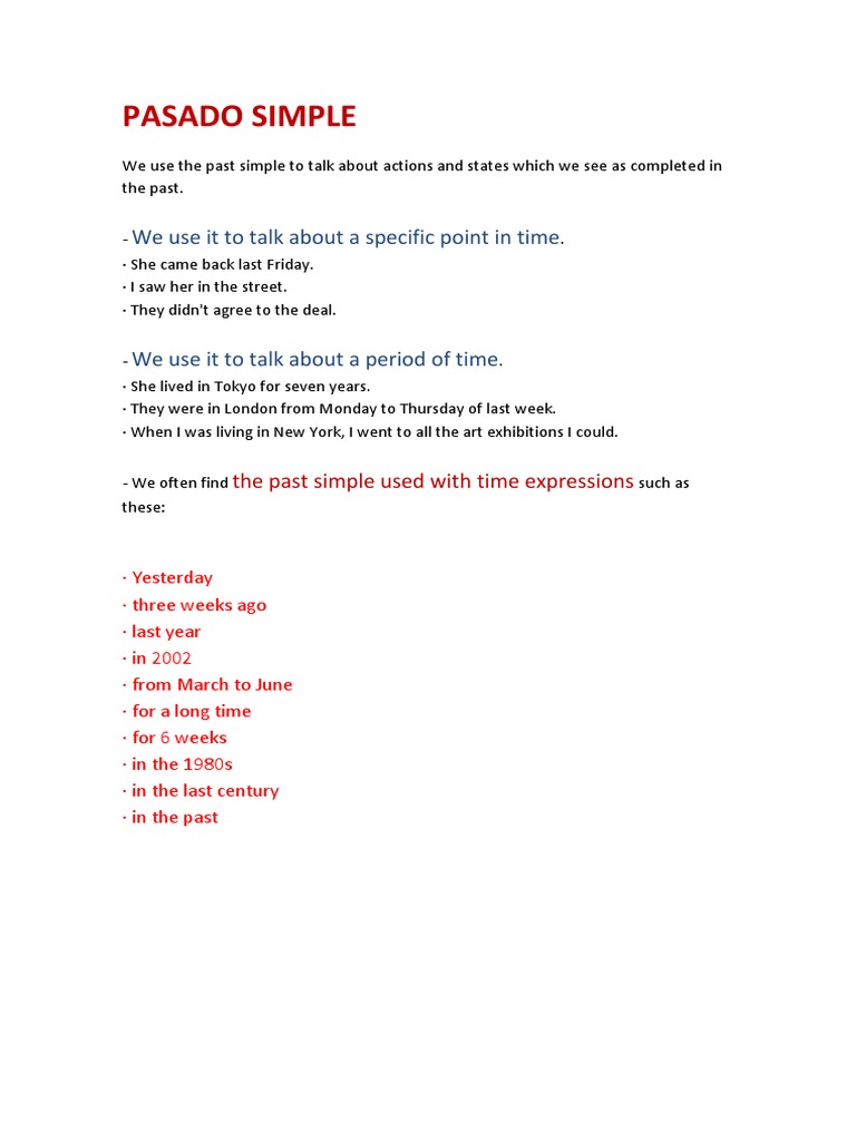 Pasado Simple: We Use It To Talk About A Specific Point in Time | PDF ...