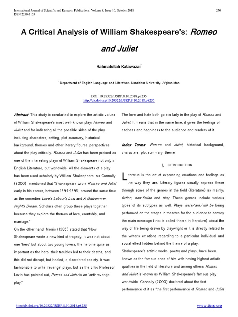 A Critical Analysis of Shakespeares Romeo and Juliet | PDF | Characters ...