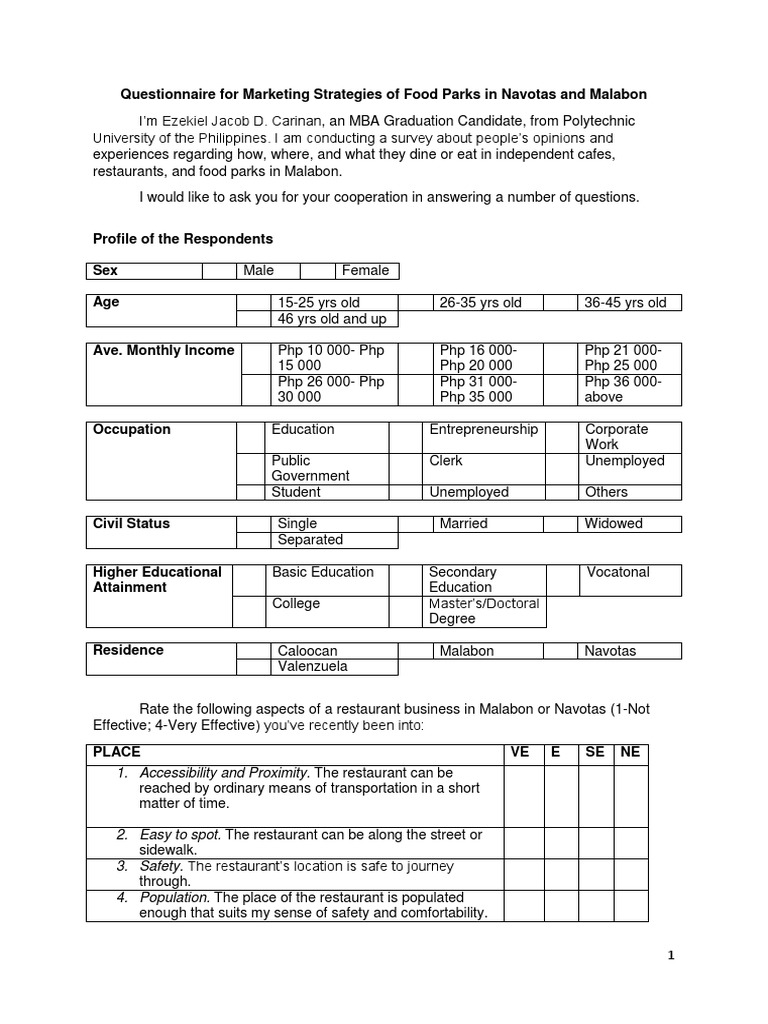 Questionnaire of UAI Independent Cafes, Restaurants, And Food Parks ...