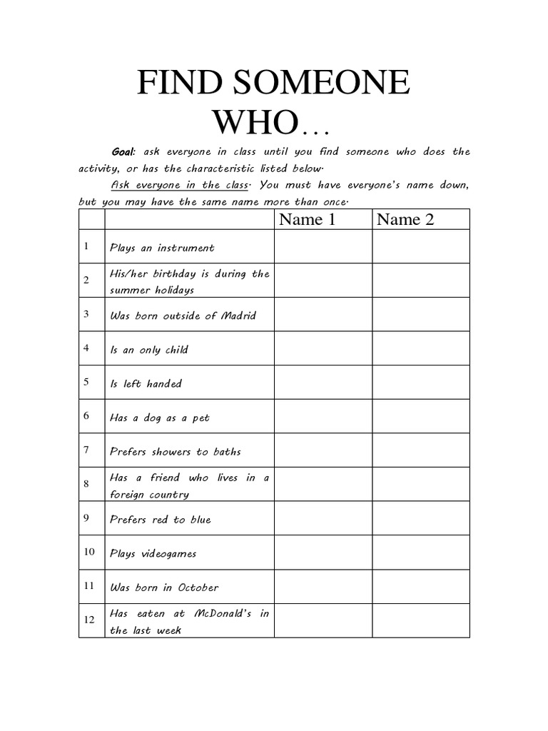Find Someone Who : Name 1 Name 2 | PDF