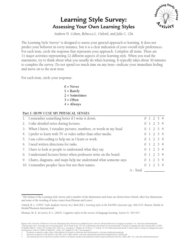 Learning Style Survey for Language Learners | PDF | Learning Styles ...