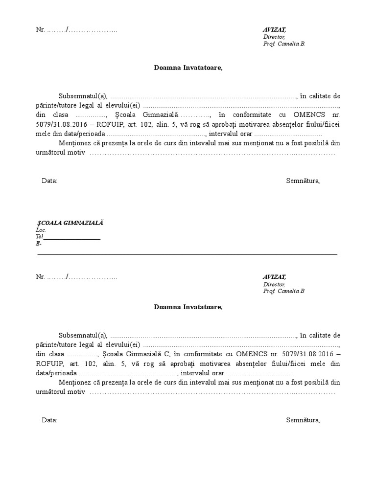 Cerere Motivare Absente Parinti