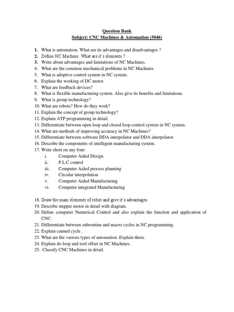 Question Bank Subject: CNC Machines & Automation (5046) | PDF