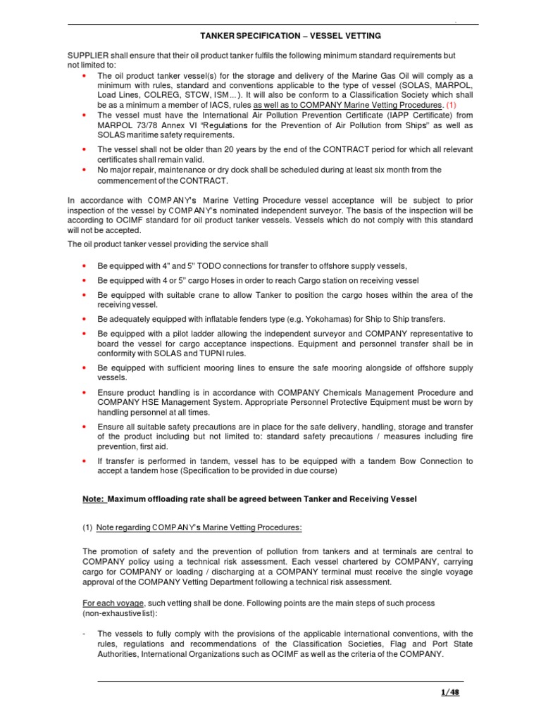 Vessel Vetting Procedure | PDF | Oil Tanker | Ships