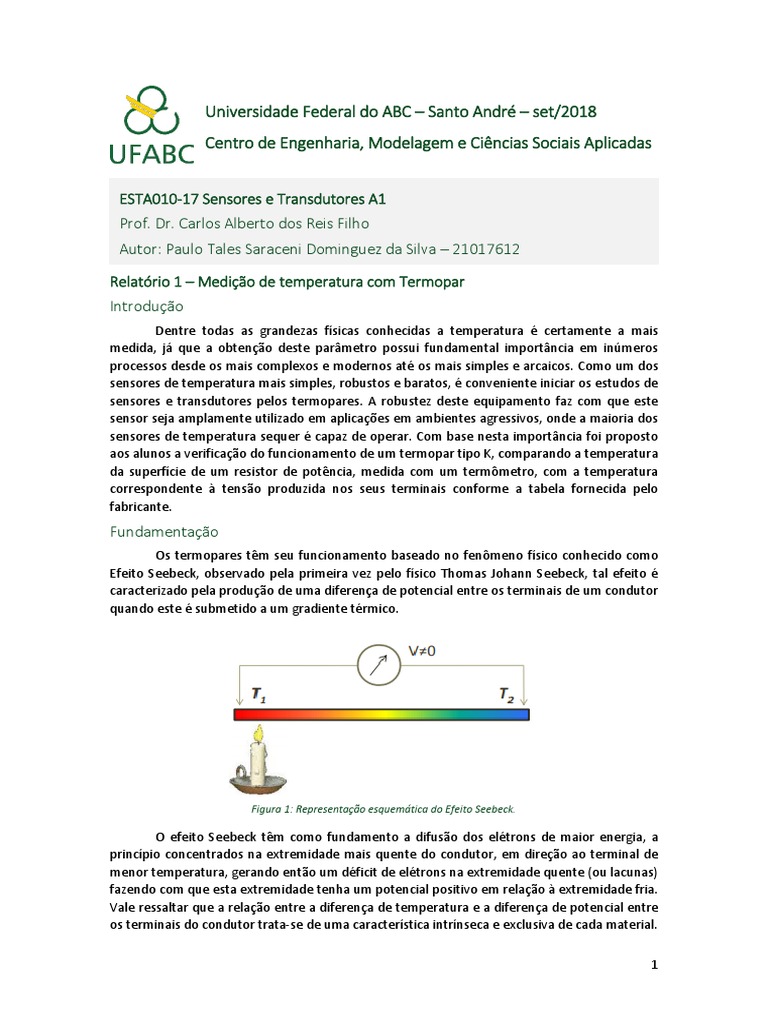 Relatorio - 01 - Sensores e Transdutores | PDF | Termopar | Temperatura