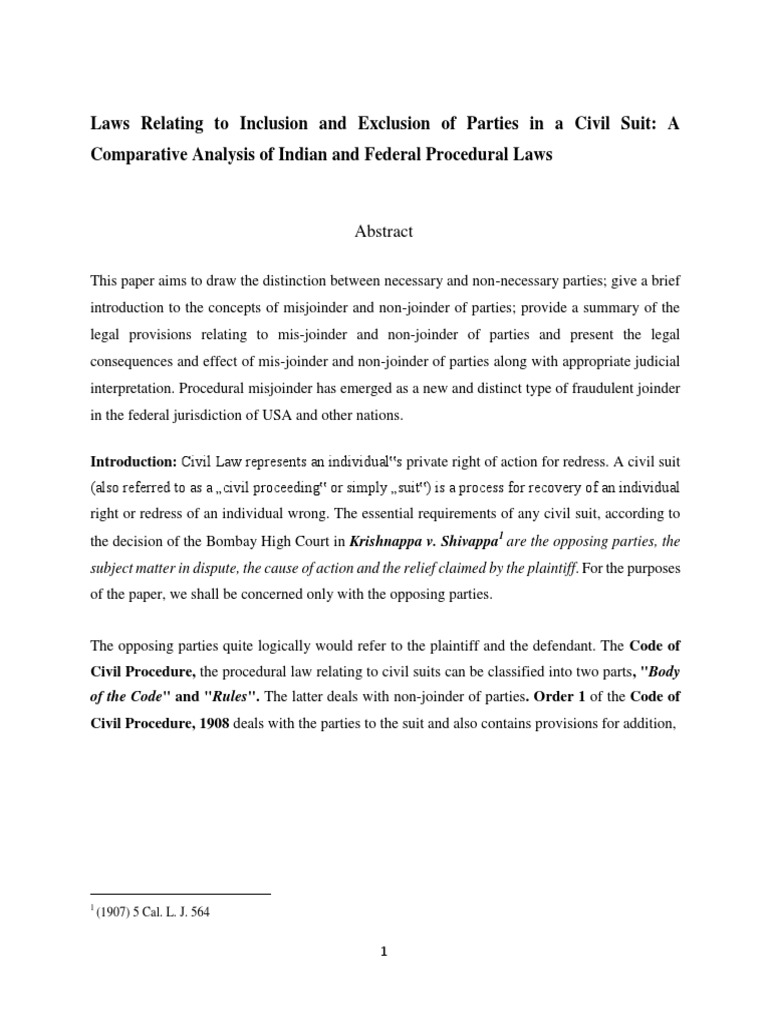 Laws Relating To Inclusion and Exclusion of Parties in A Civil Suit: A ...