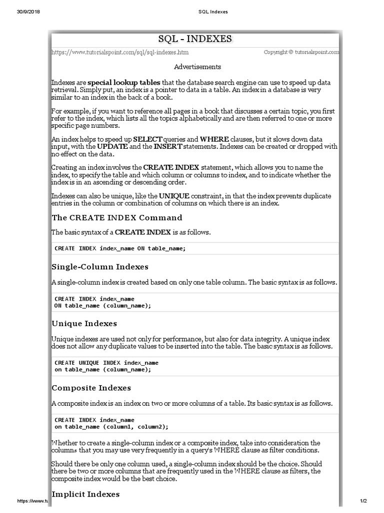 SQL - Indexes: The CREATE INDEX Command | PDF | Database Index | Data