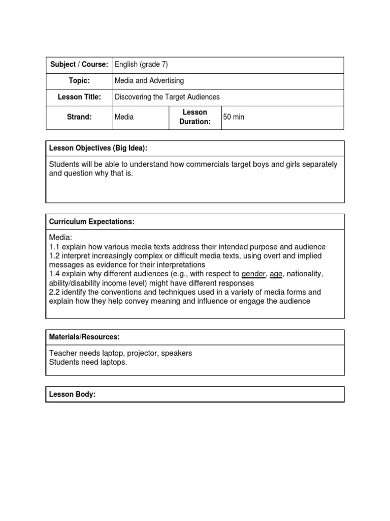 Subject / Course: English (Grade 7) Topic: Lesson Title: Lesson ...