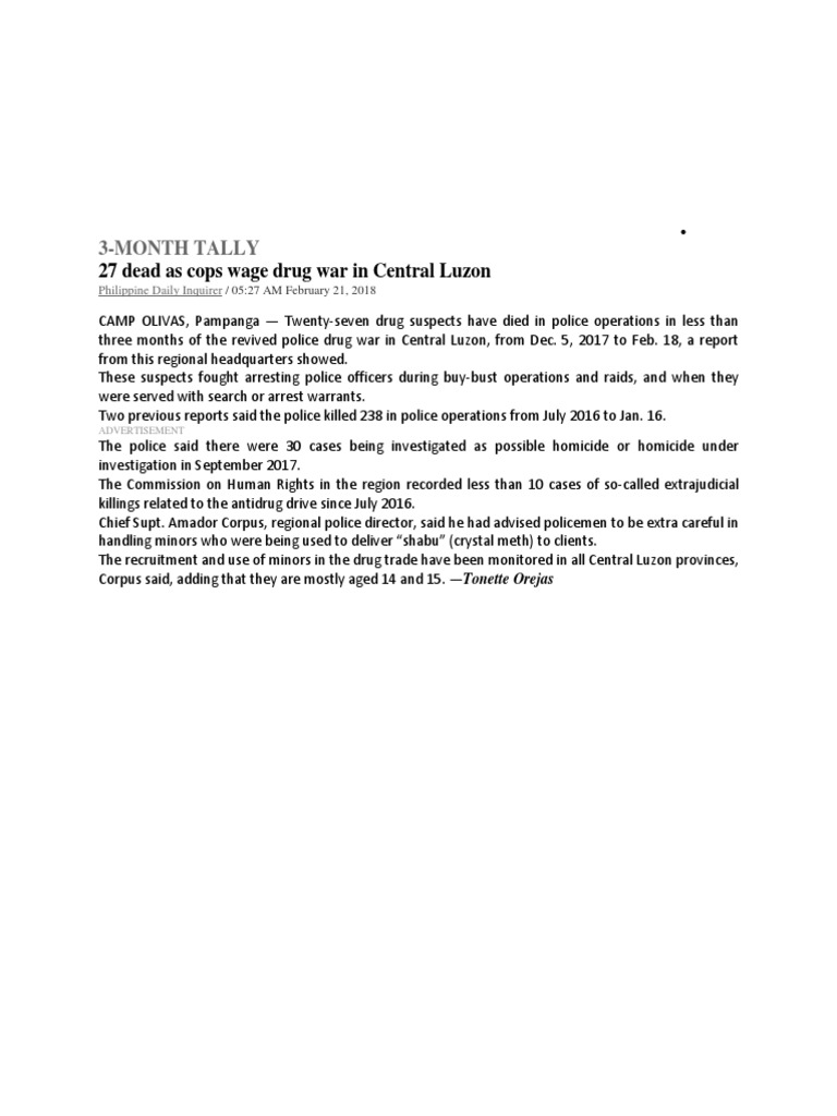 3-Month Tally: 27 Dead As Cops Wage Drug War in Central Luzon | PDF