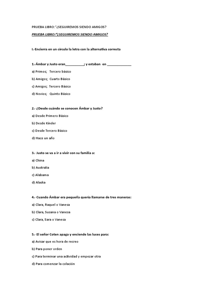 Prueba y Respuestas Libro Seguiremos Siendo Amigos | Lectura (proceso ...