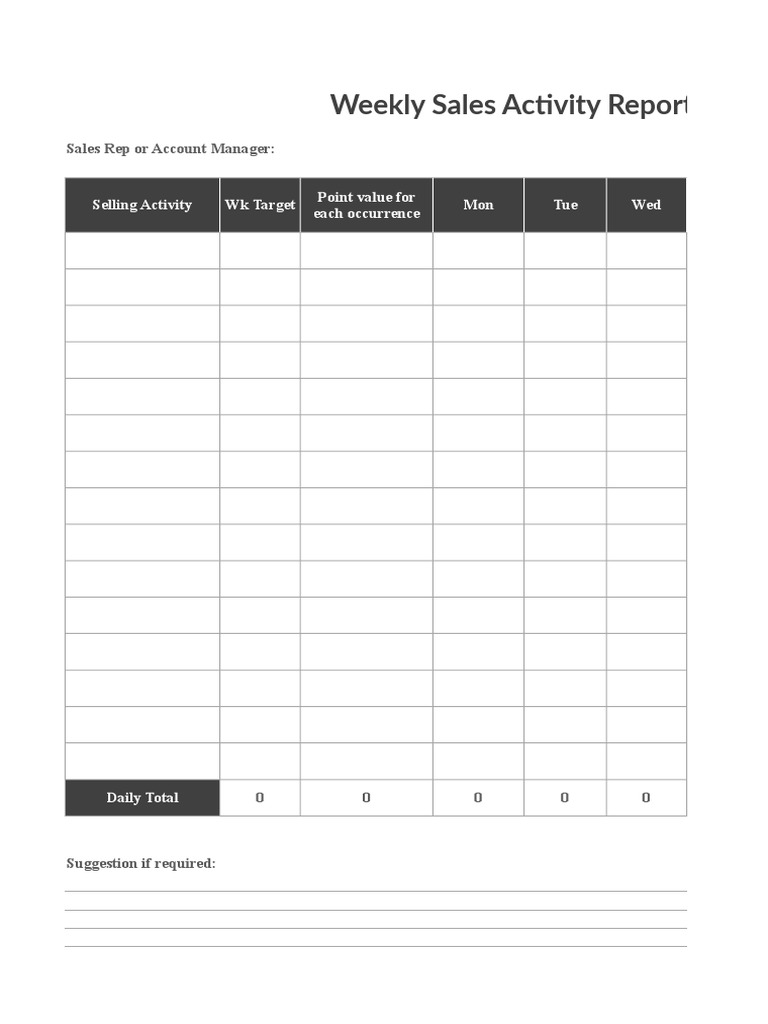 Weekly Sales Activity Report: Selling Activity WK Target Mon Tue Wed ...