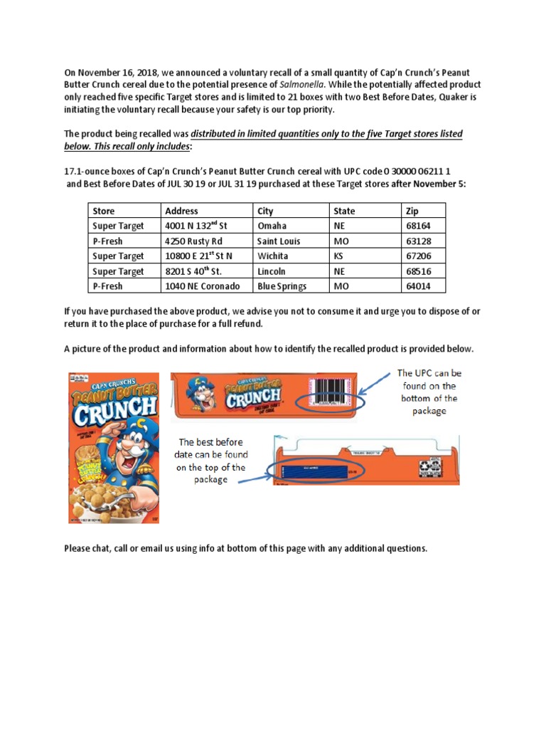Cap’n Crunch Peanut Butter Recall Notice | PDF
