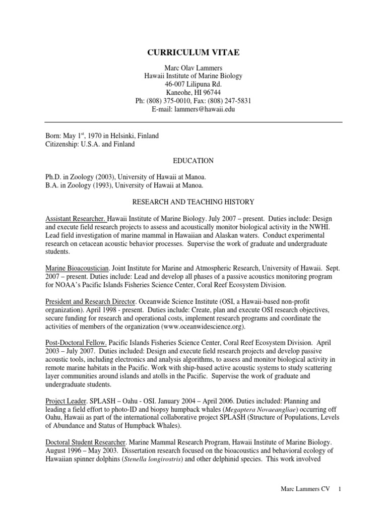 CV Marine Biologist | PDF | Dolphin | Cetacea