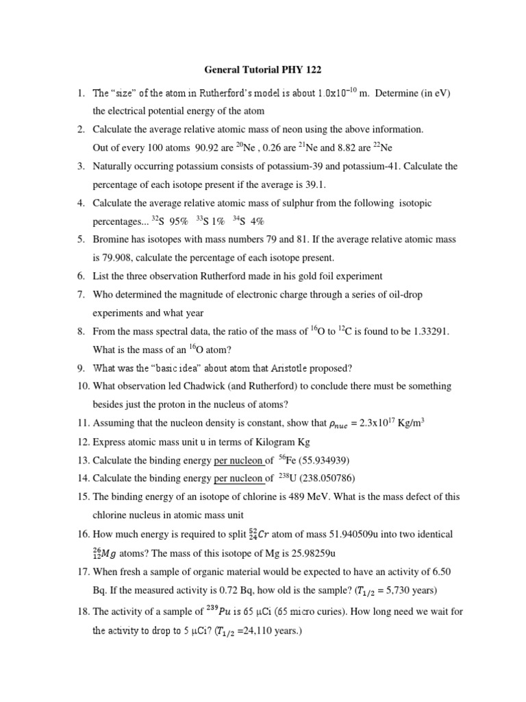 General Tutorial PHY 122 | PDF | Electron | Atoms