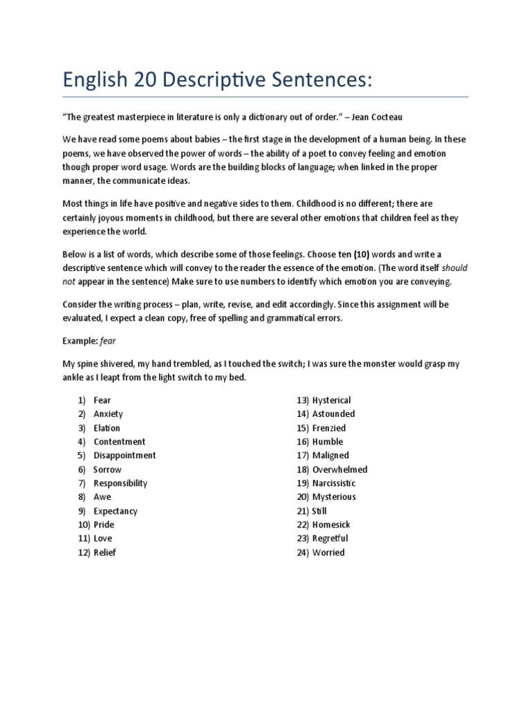 20 Descriptive Sentences Assignment | PDF