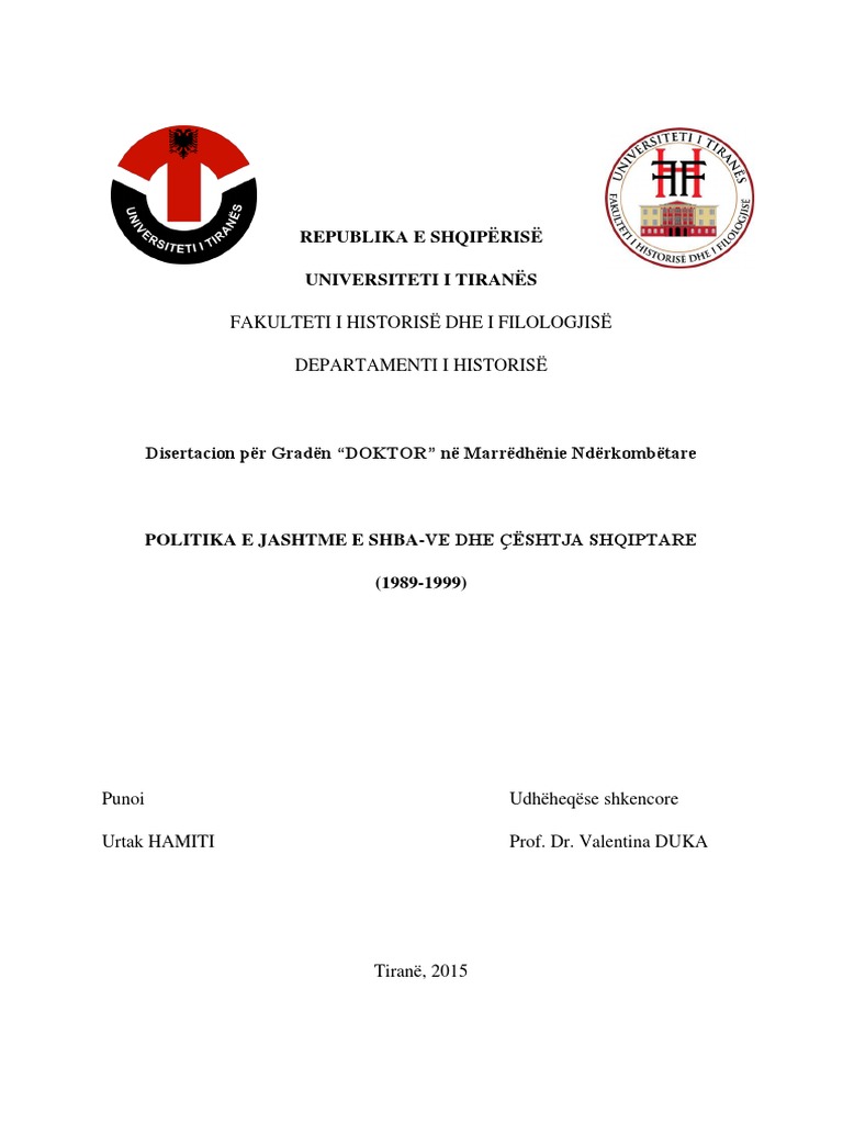 Doktoratura Urtak Hamiti Fakulteti I Histori Filologjise Departamenti I Historise | PDF