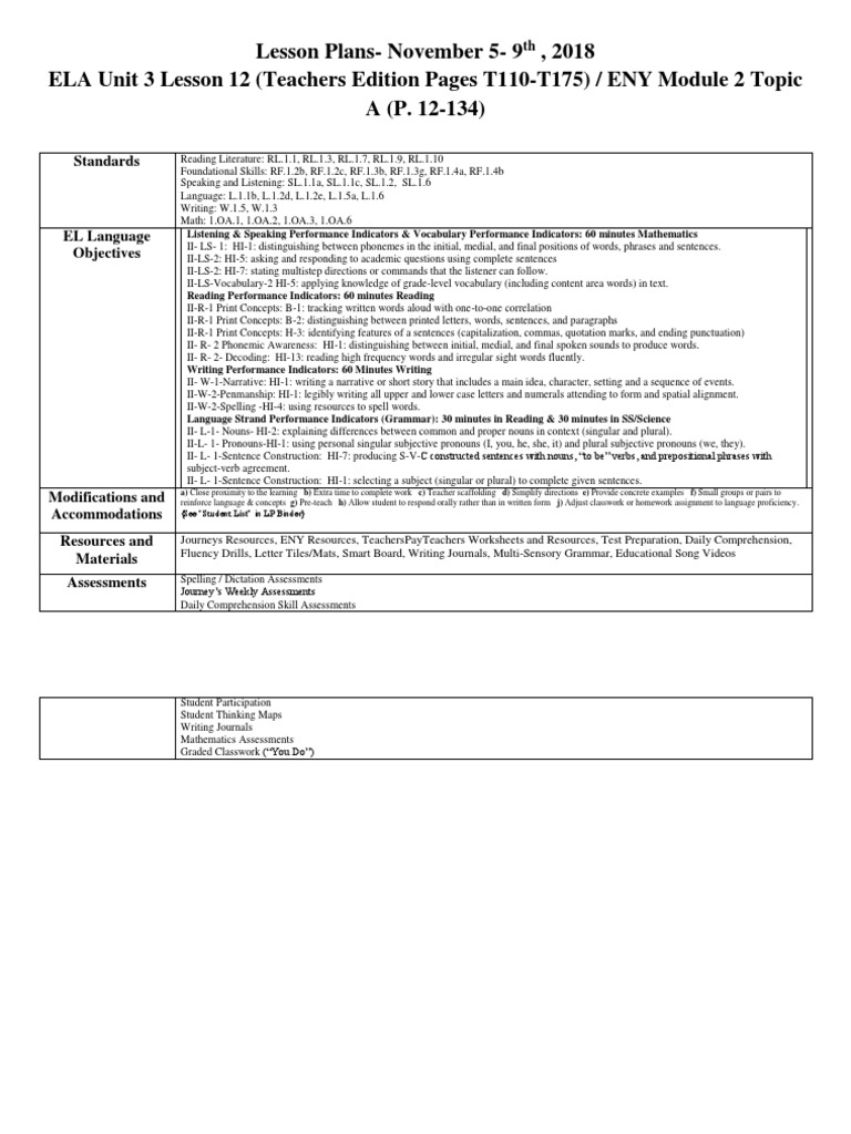 Lesson Plans-November 5 - 9, 2018 ELA Unit 3 Lesson 12 (Teachers ...