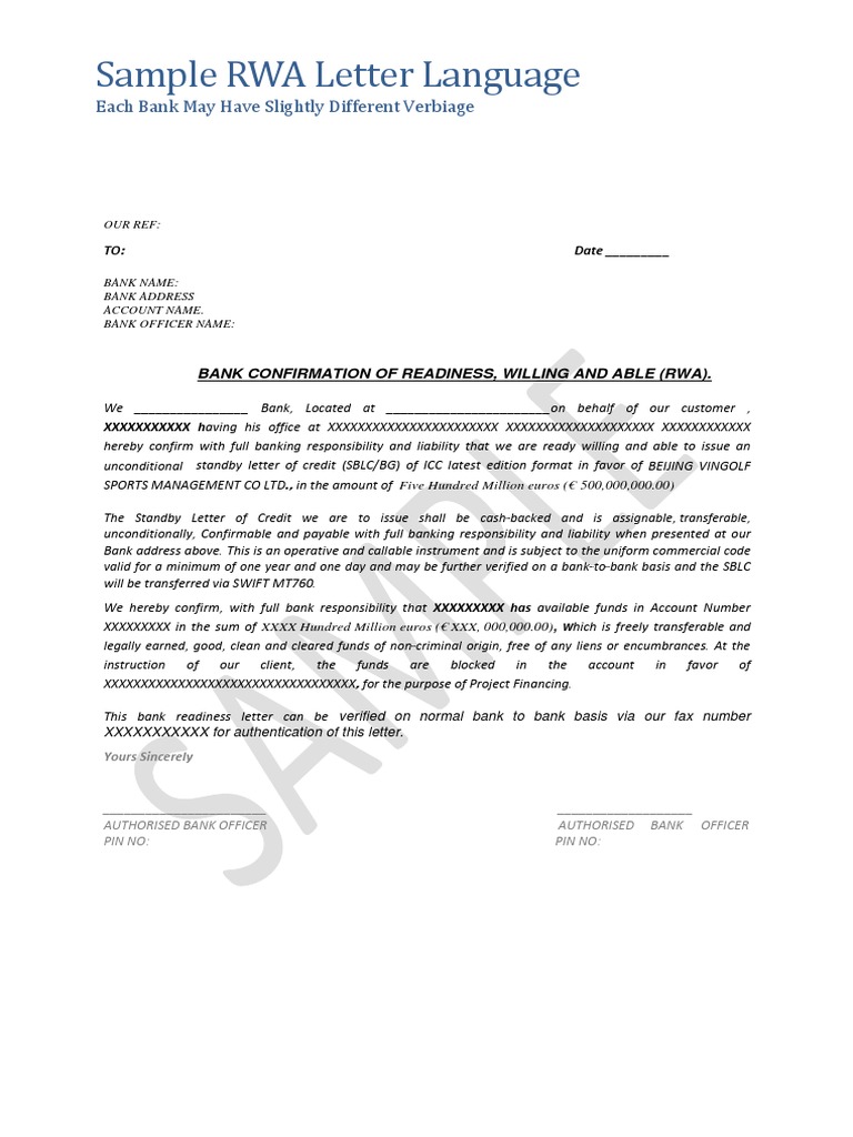 Rwa SBLC Bank Letter Sample PDF | PDF | Letter Of Credit | Banks