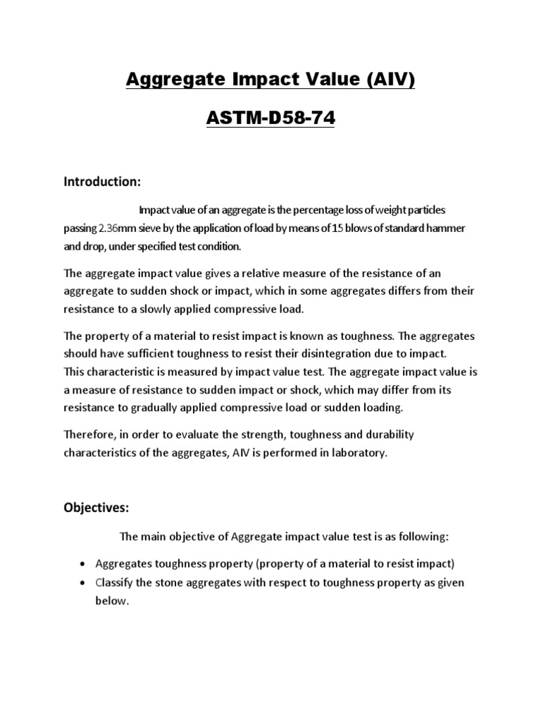 Aggregate Impact Value (AIV) ASTM-D58-74 | PDF | Construction Aggregate ...