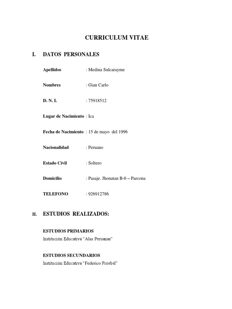 Curriculum Vitae Carlos | PDF | Perú | Educación Secundaria