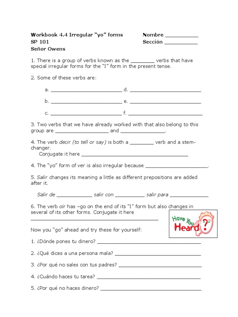 WORKBOOK 4.4 Irregular Yo Forms | PDF | Language Mechanics | Semantic Units